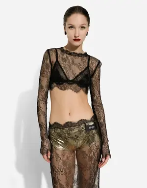 Dolce & Gabbana Long-sleeved Chantilly Lace Crop Top