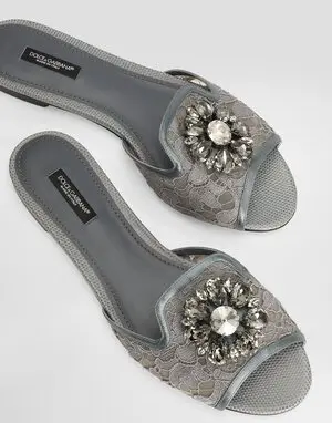 Dolce & Gabbana Bianca Lace Slides With Crystals - Grey
