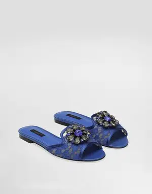 Dolce & Gabbana Bianca Lace Slippers With Crystals - Blue