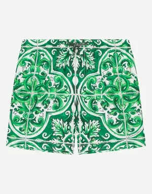 Dolce & Gabbana Nylon Swim Trunks With Green Majolica Print