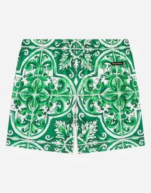 Dolce & Gabbana Nylon Swim Trunks With Green Majolica - Print
