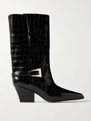 Paris Texas Jane Buckled Croc-effect Leather Knee Boots