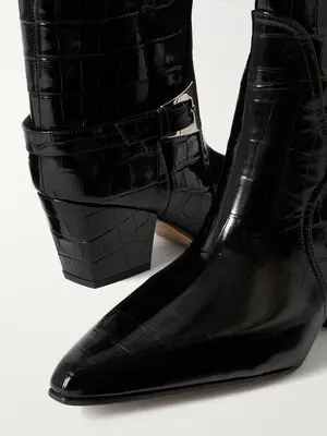 Paris Texas Jane Buckled Croc-effect Leather Knee Boots