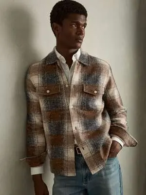REISS Marlo Brushed Check Fleece-lined Overshirt