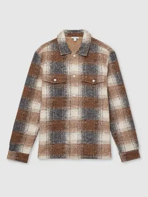 REISS Marlo Brushed Check Fleece-lined Overshirt