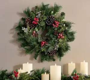 VALERIE PARR HILL 24' Berry, Pine & Eucalyptus Wreath Valerie - One-color