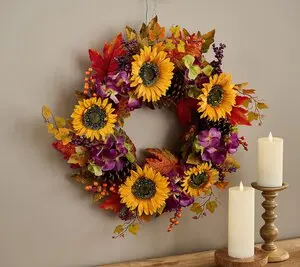 VALERIE PARR HILL As Is 24' Sunflower, Berry & Hydrangea Wreath Wreath-valerie - One-color