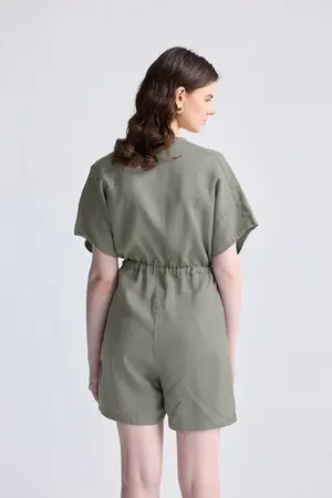 REISTOR V-neck Drawstring Romper - Green
