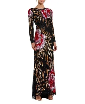 Mac Duggal Embellished Floral Sequin Long Sleeve Gown