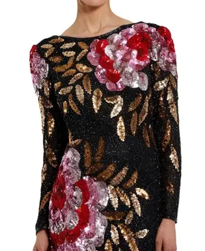 Mac Duggal Embellished Floral Sequin Long Sleeve Gown