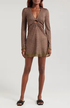 Ramy Brook Cassie Zigzag Long Sleeve Knit Cover-up Dress - Brown/ Gold Zig Zag