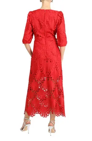 Adelyn Rae Kinsley Puff Sleeve Lace Midi Dress