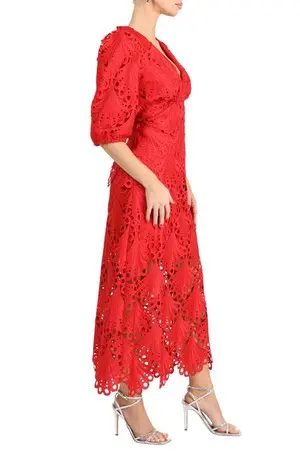 Adelyn Rae Kinsley Puff Sleeve Lace Midi Dress