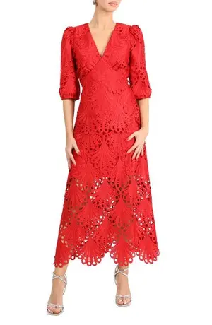 Adelyn Rae Kinsley Puff Sleeve Lace Midi Dress