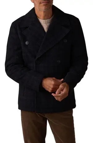 THE NORMAL BRAND Lan Windowpane Plaid Pea Coat - Navy Plaid
