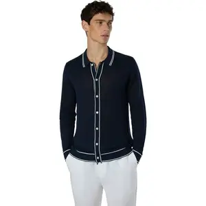 Onia Linen Long Sleeve Polo - Deep Navy/white
