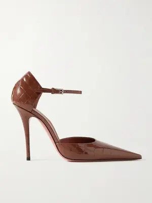 Amina Muaddi Barbara Croc-effect Patent-leather Pumps - Brown