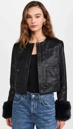 WAYF Boxy Faux Leather Jacket With Faux Fur Cuffs