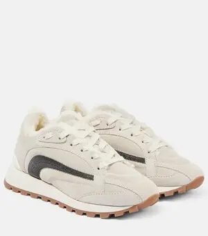 Brunello Cucinelli Monili Shearling-trimmed Sneakers - Grey