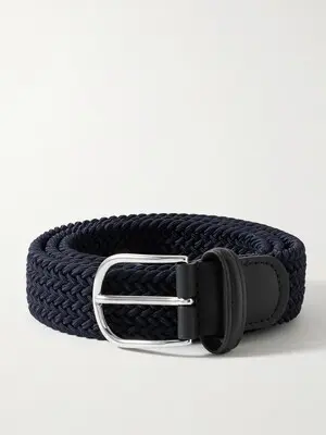 Anderson's 3.5cm Leather-trimmed Woven Elastic Belt - Blue