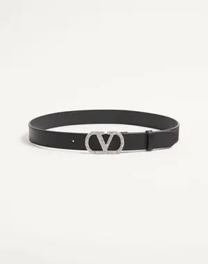 Valentino Garavani Vlogo Signature Belt In Shiny Calfskin With Crystals 30 Mm - Black