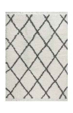 JONATHAN Y Mercer Shag Plush Tassel Moroccan Geometric Trellis Denim Area Rug - Cream/gray