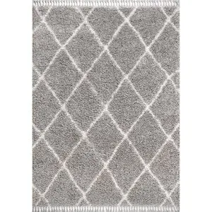 JONATHAN Y Mercer Shag Plush Tassel Moroccan Geometric Trellis Denim Area Rug - Gray/cream