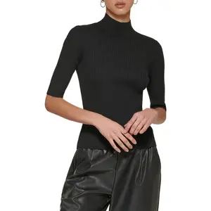 Dkny Mock Neck Ribbed Sweater - Black/black
