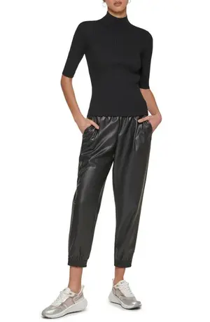 Dkny Mock Neck Ribbed Sweater - Black/black