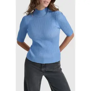 Dkny Mock Neck Ribbed Sweater - Blue Bell/chino Khaki