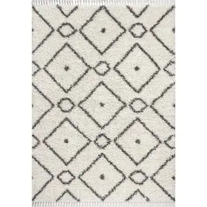 JONATHAN Y Mercer Shag Plush Tassel Moroccan Diamond Denim Area Rug - Cream/gray