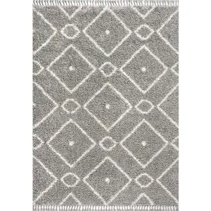 JONATHAN Y Mercer Shag Plush Tassel Moroccan Diamond Denim Area Rug - Gray/cream