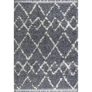 JONATHAN Y Mercer Shag Plush Tassel Moroccan Geometric Trellis Area Rug - Blue/cream