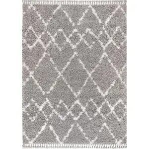 JONATHAN Y Mercer Shag Plush Tassel Moroccan Geometric Trellis Area Rug - Gray/ivory