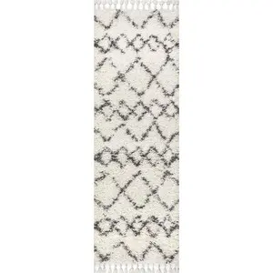 JONATHAN Y Mercer Shag Plush Tassel Moroccan Geometric Trellis Area Rug - Ivory/gray