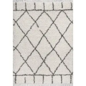 JONATHAN Y Mercer Shag Plush Tassel Moroccan Geometric Area Rug - Ivory/gray