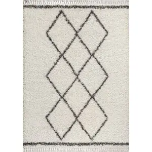 JONATHAN Y Mercer Shag Plush Tassel Moroccan Geometric Trellis Denim Area Rug - Cream/gray