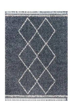 JONATHAN Y Mercer Shag Plush Tassel Moroccan Geometric Trellis Denim Area Rug - Denim Blue/cream