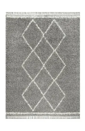 JONATHAN Y Mercer Shag Plush Tassel Moroccan Geometric Trellis Denim Area Rug - Gray/cream