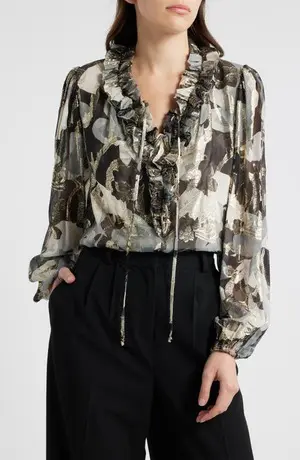 Kobi Halperin Boden Metallic Floral Tie Neck Top