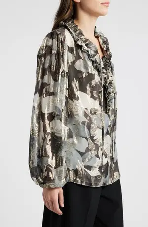 Kobi Halperin Boden Metallic Floral Tie Neck Top