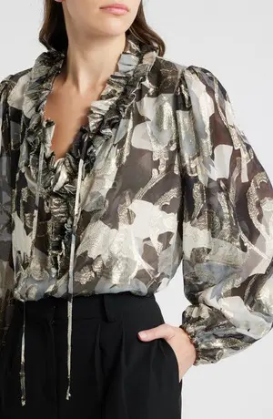 Kobi Halperin Boden Metallic Floral Tie Neck Top