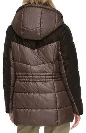 Andrew Marc Velvet Panel Hooded Puffer Jacket - Chocolate