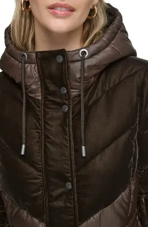 Andrew Marc Velvet Panel Hooded Puffer Jacket - Chocolate