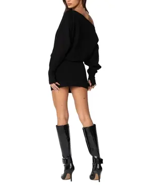 EDIKTED Eve Off Shoulder Knit Mini Dress - Black