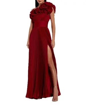 Mac Duggal Pleated Charmeuse One Shoulder Ruffle Gown - Red