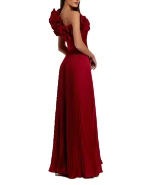 Mac Duggal Pleated Charmeuse One Shoulder Ruffle Gown - Red