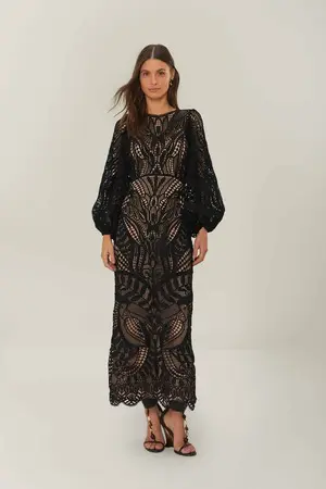 Farm Rio Guipure Lace Midi Dress - Black