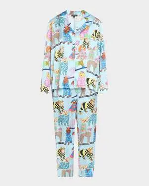 KAREN MABON Ski Dogs Printed Cropped Satin Pajama Set - Blue