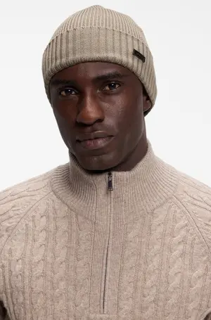Hugo Boss Fati Wool Ribbed Knit Beanie - Open Brown